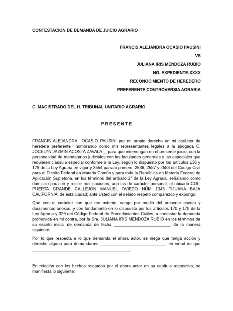 Contestación a Demanda Agraria | PDF | Demanda judicial | Justicia