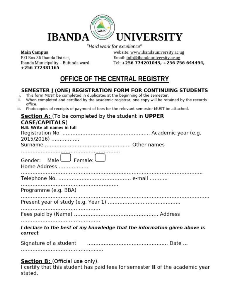 IU Semester Registration Form - Continuing Students SEM 1 | PDF ...