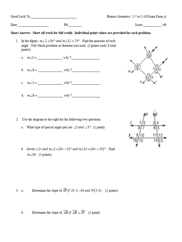 Honors Geometry Exam: Angles & Lines | PDF | Teaching Methods ...