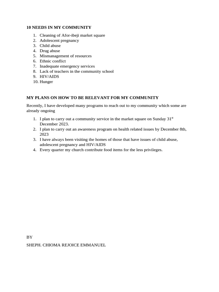 Community Needs and Action Plans | PDF | Self-Improvement | Wellness