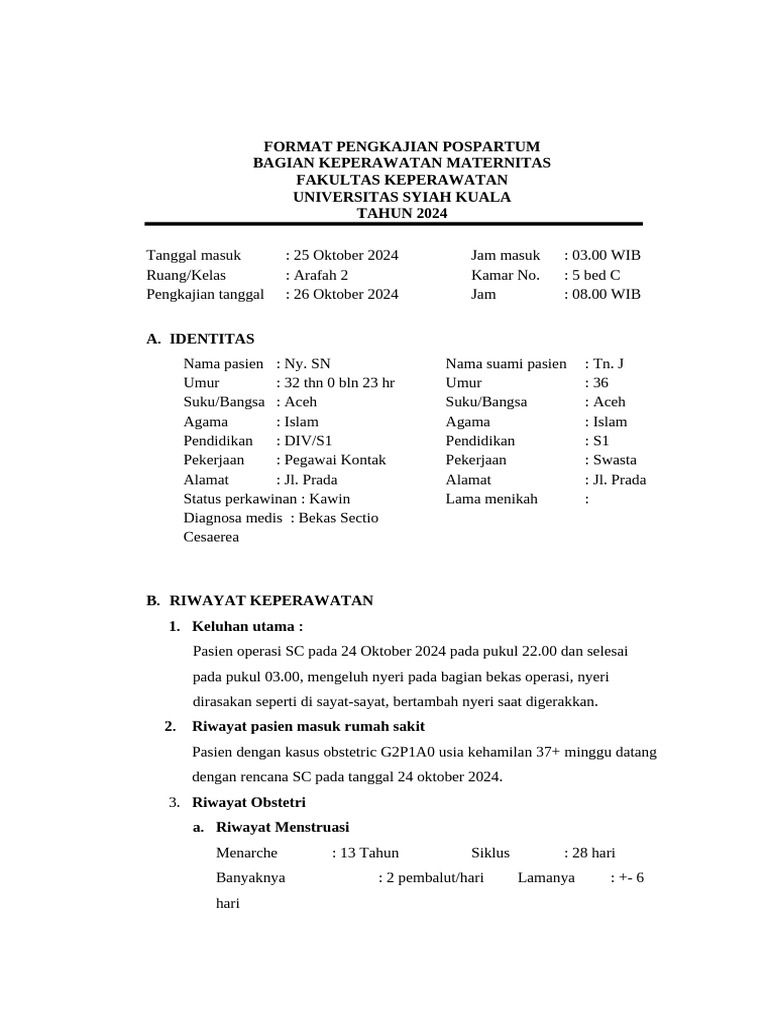Pengkajian Pospartum Arafah 2-Angga | PDF