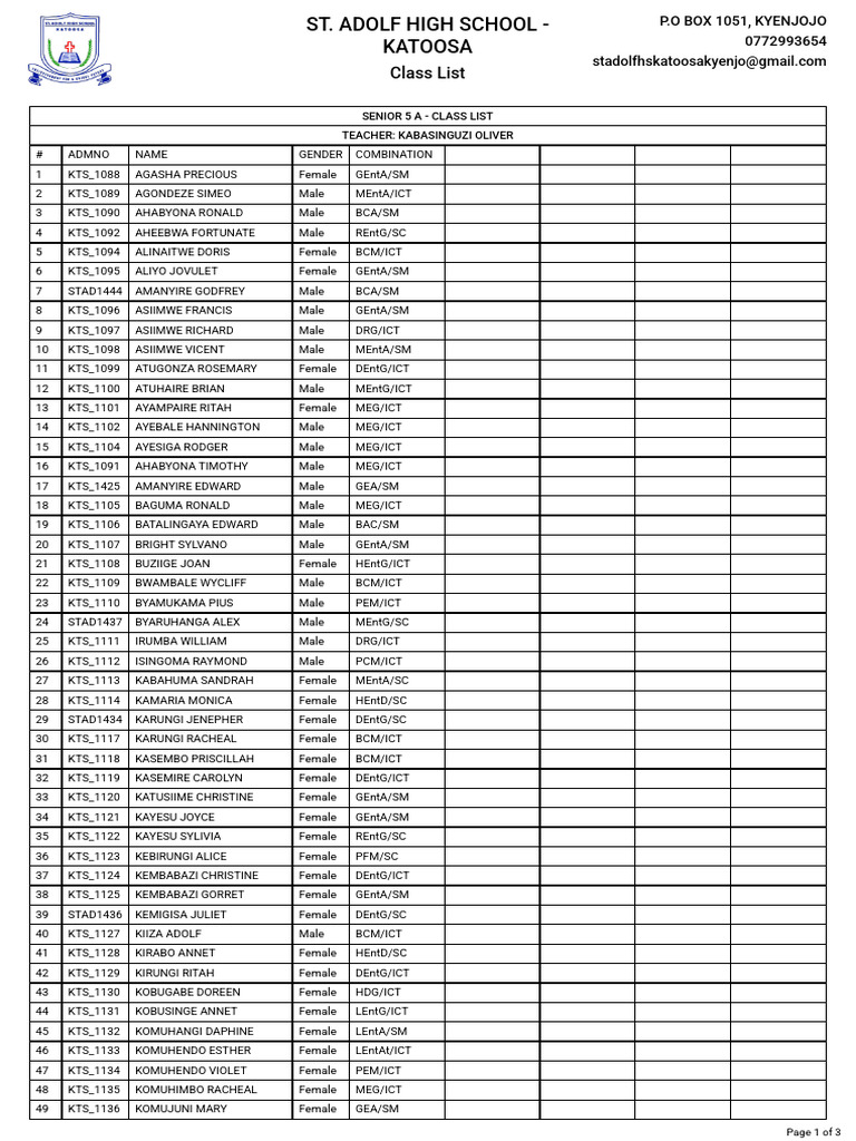 Senior 5 A - Class List - 1728399508481 | PDF