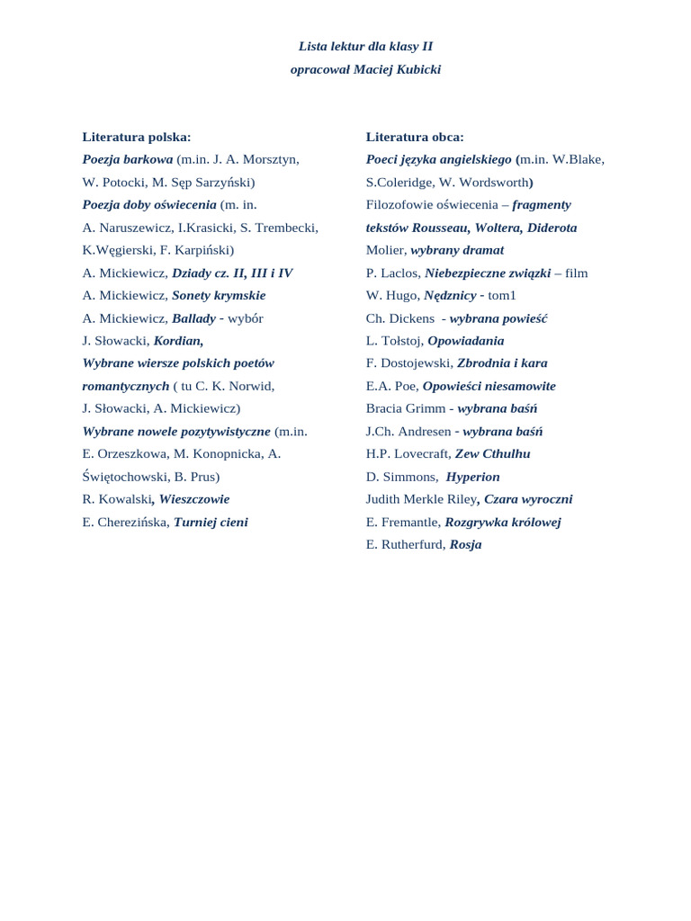 Lista Lektur Dla Klasy II 2 | PDF