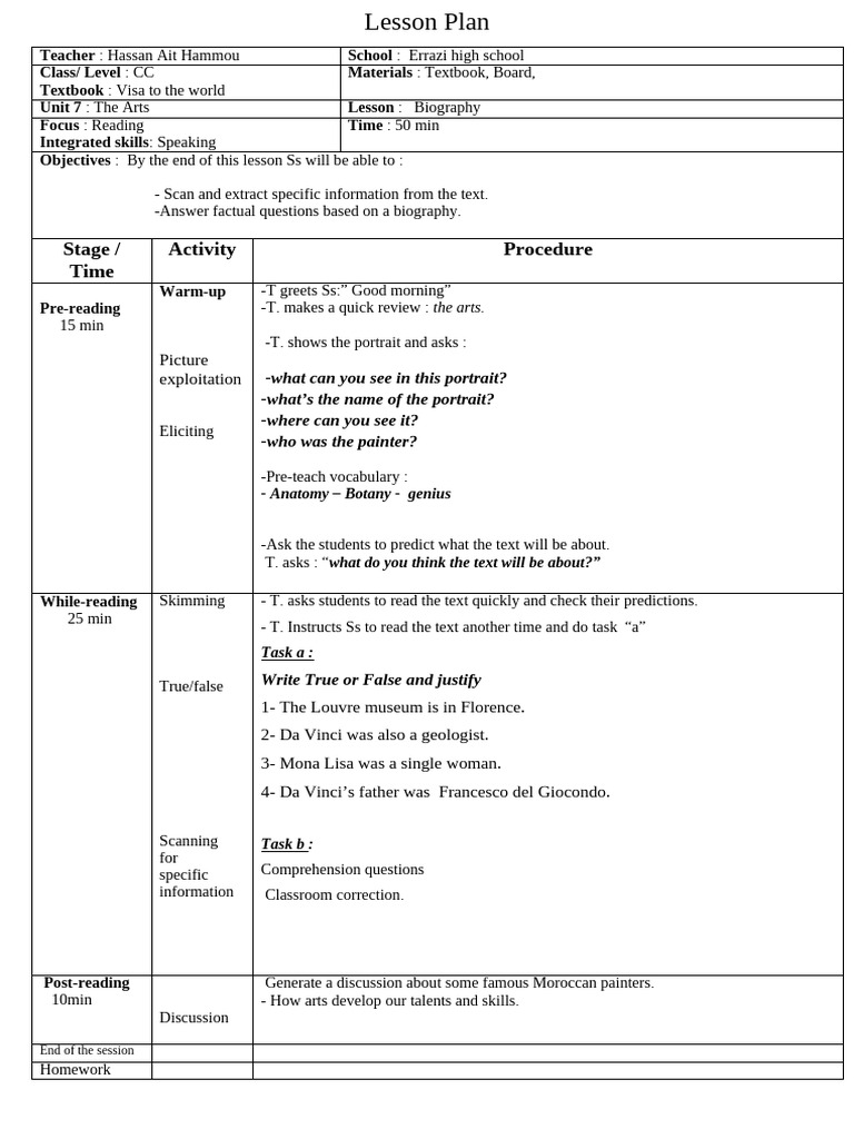 Art Lesson Plan: Biography Focus | PDF | Lesson Plan | Leonardo Da Vinci