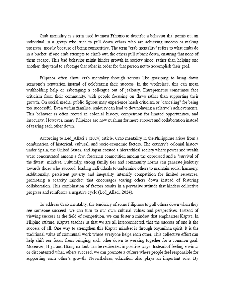 Understanding Crab Mentality in Filipinos | PDF | Mindset ...