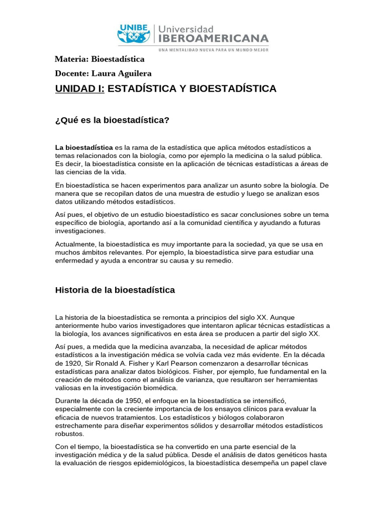 Clase 1. UNIDAD I. ESTADÍSTICA Y BIOESTADÍSTICA | PDF | Estadísticas | Bioestadística