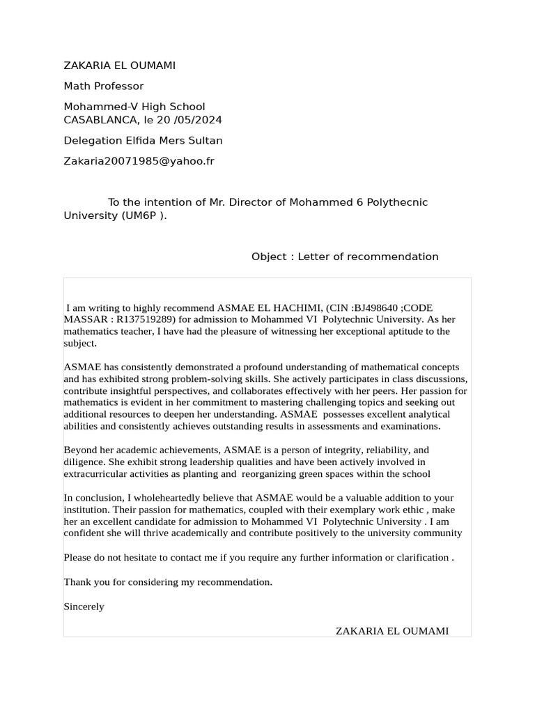 Lettre de Recommandation | PDF