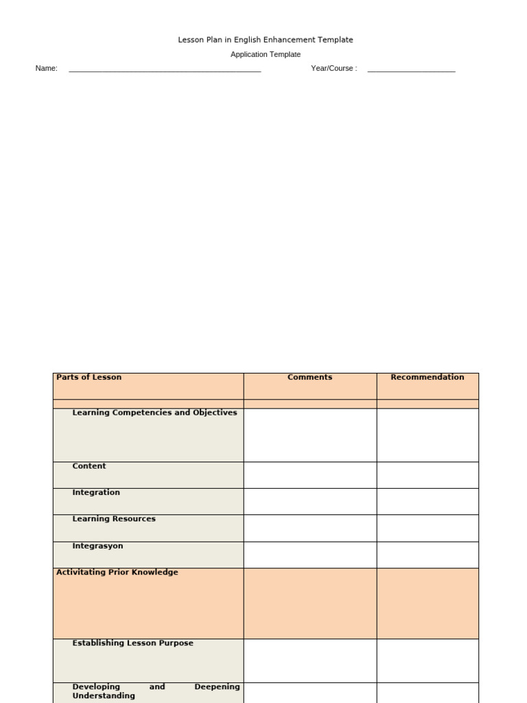Lesson Plan Enhancement Template English | PDF | Career & Growth