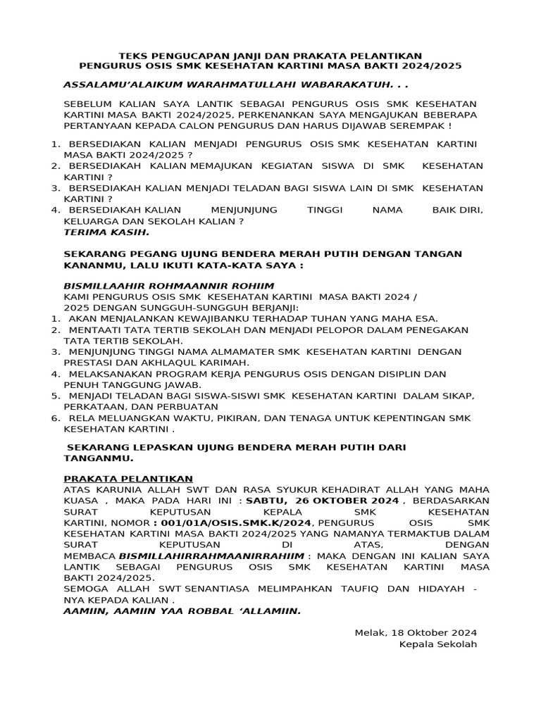 Teks Pengucapan Janji Dan Prakata Pelantikan Osis | PDF