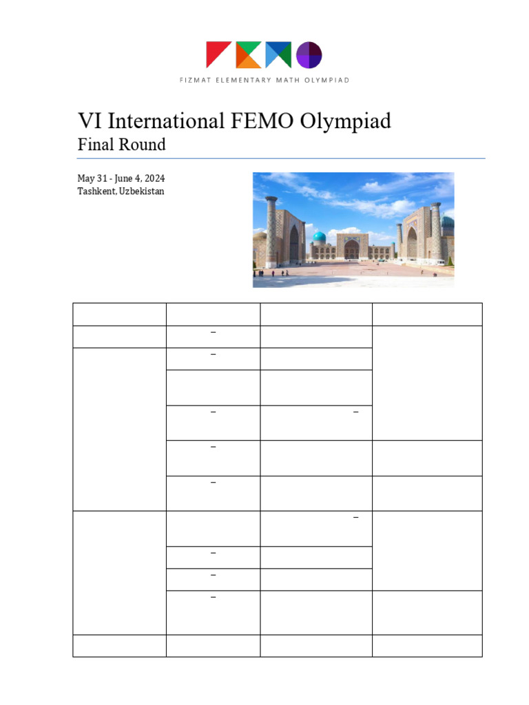 FEMO Olympiad 2024 Program | PDF | Uzbekistan | Service Industries
