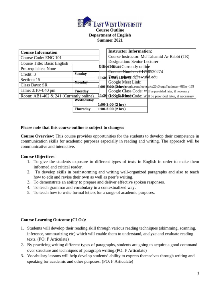 ENG 101 Basic English Course Outline | PDF | English Language | Verb