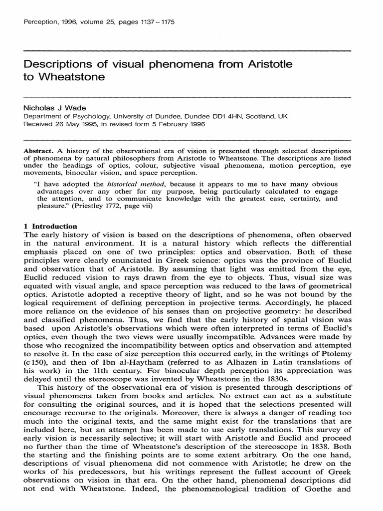 Descriptions of Visual Phenomena From Aristotle To Wheatstone (Nicholas ...