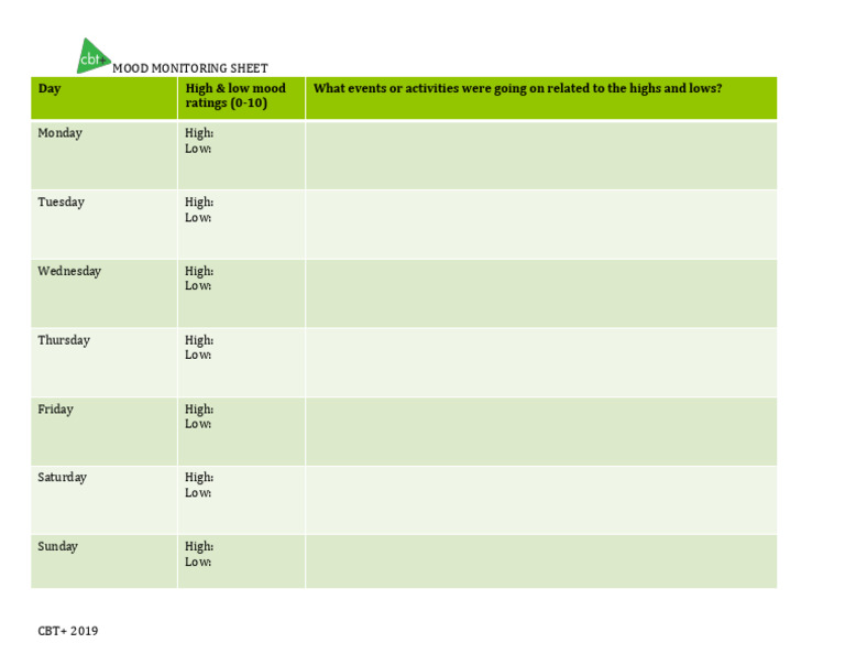 Mood Monitoring Homework Sheet | PDF Mood Monitoring Homework Sheet | PDF