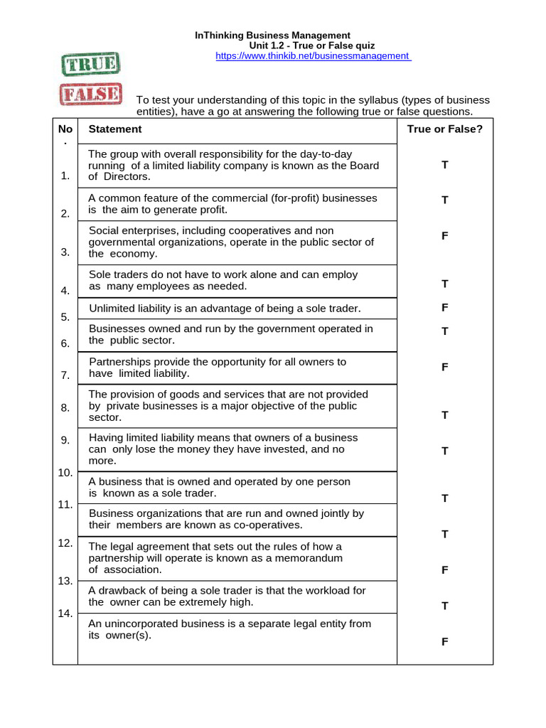 True or False Quiz 6 Nov 2024 | PDF | Privately Held Company | Partnership