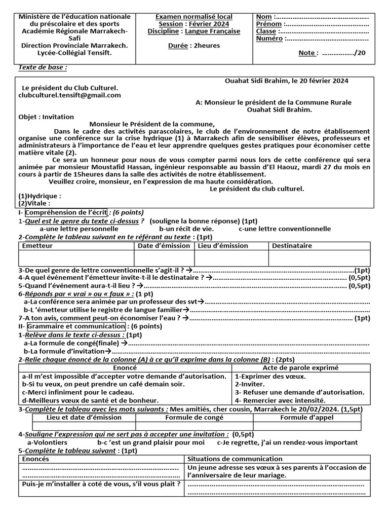 Examen Normalisé Local - Francais - 3 AC - Tensift - 2024 | PDF