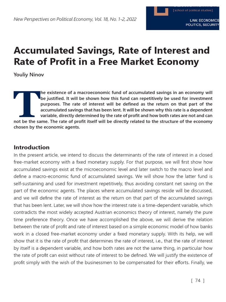 Accumulated Savings, Rate of Interest And: Rate of Profit in A Free ...