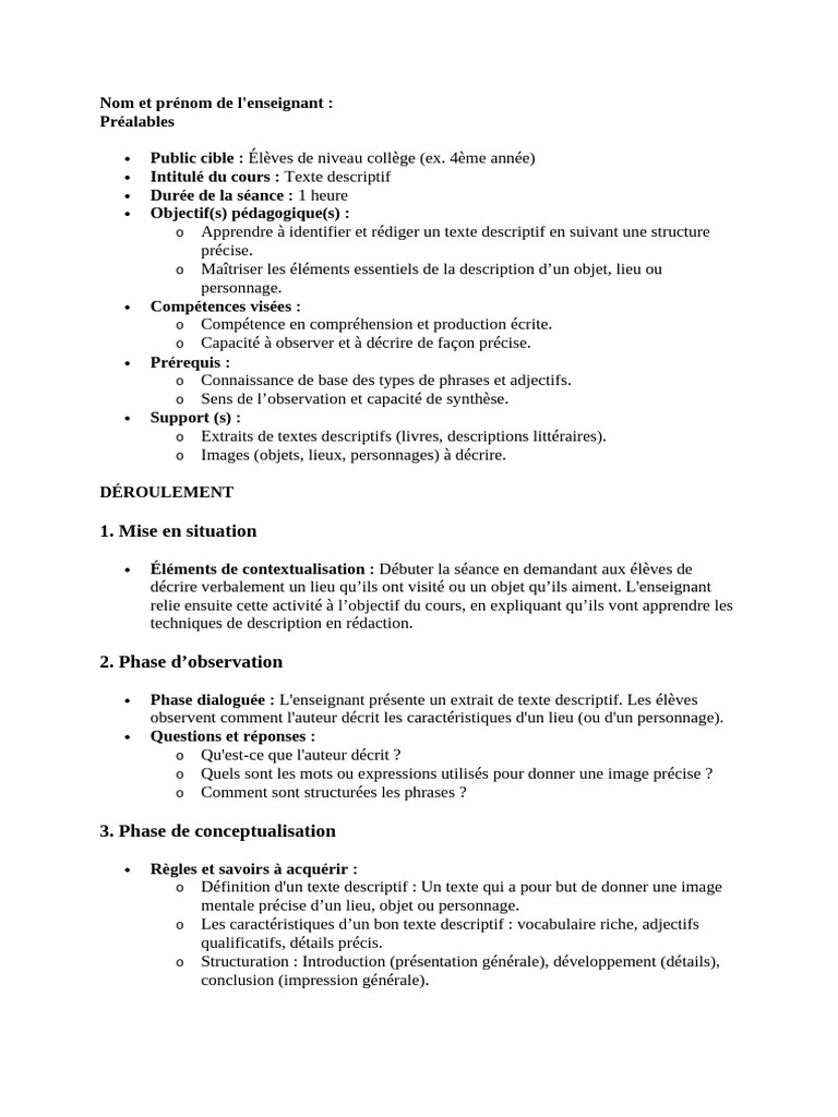 Rédaction d'un texte descriptif en 4ème | PDF | Pédagogie