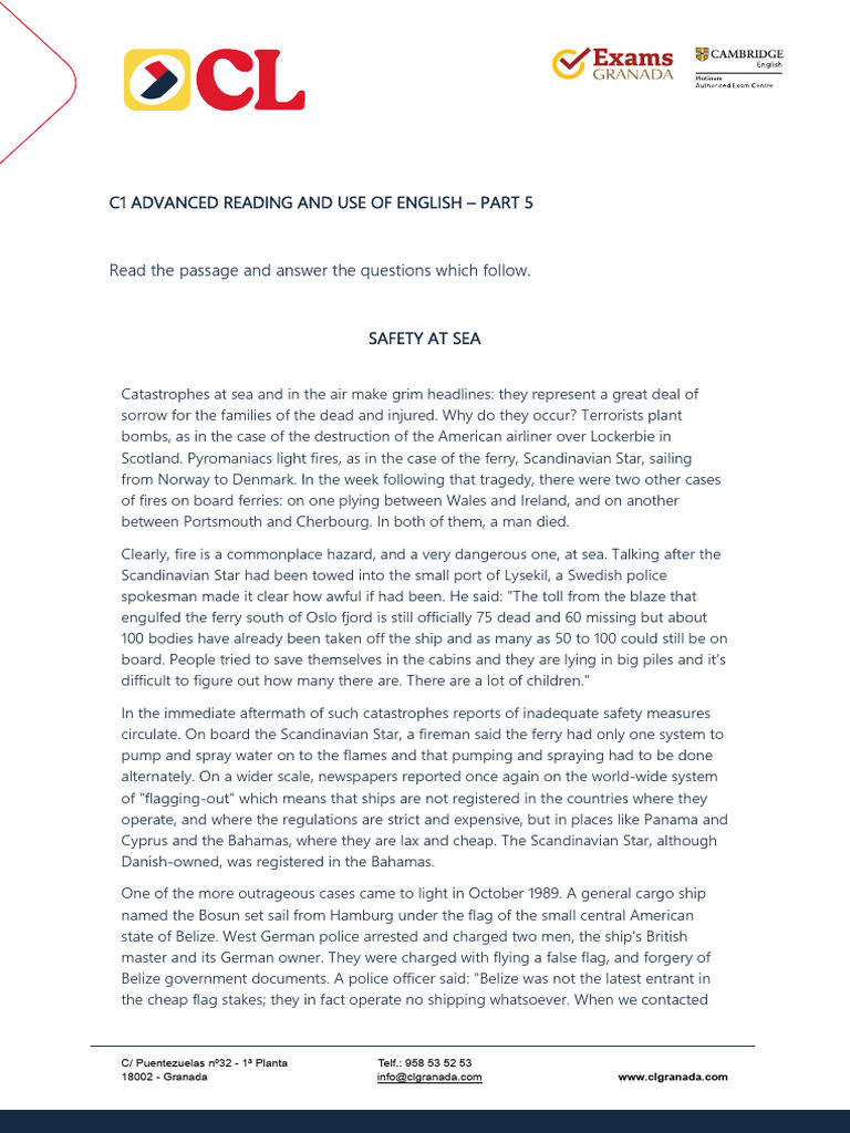 C1 Advanced Reading & Uoe Part 5 - Safety at Sea | PDF | Water Transport