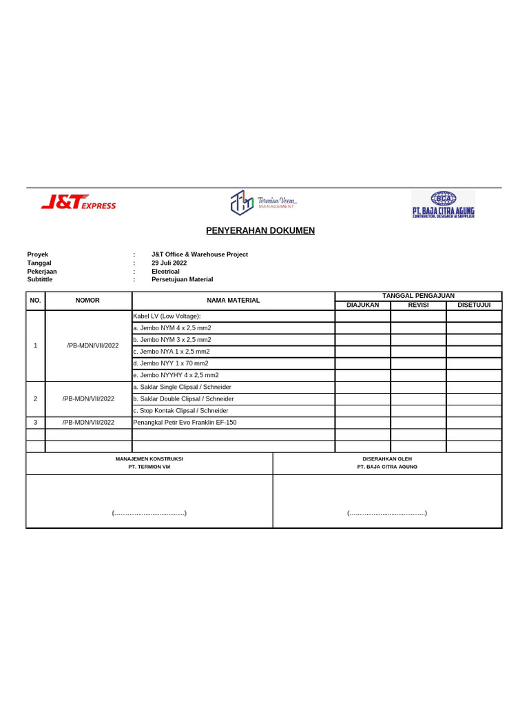 Persetujuan Material Proyek J&T 2022 | PDF | Teknologi & Rekayasa