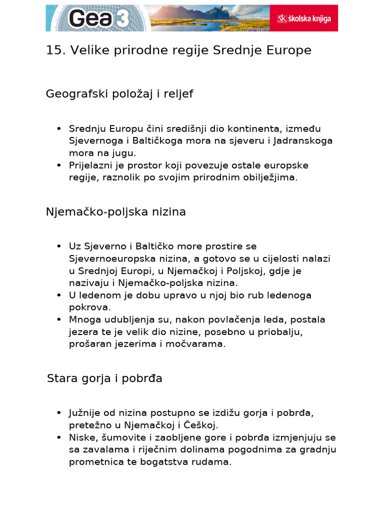 Velike Prirodne Regije Srednje Europe: Geografski Položaj I Reljef | PDF