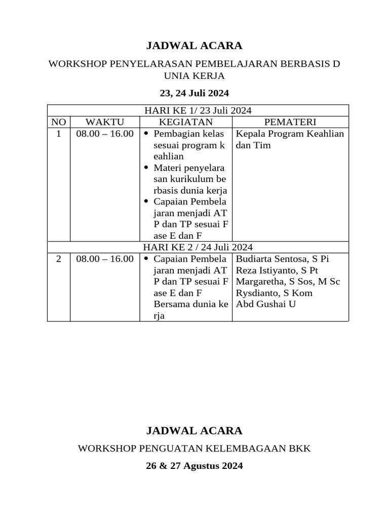 Jadwal Acara Workshop | PDF