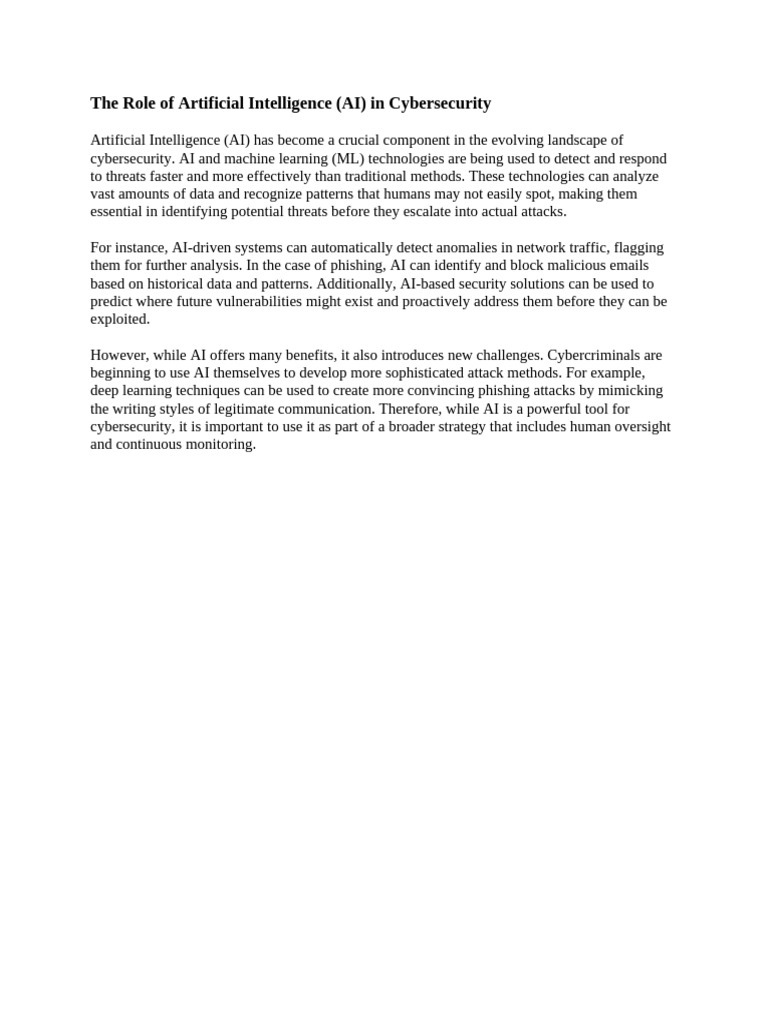 The Role of Artificial Intelligence (AI) in Cybersecurity | PDF