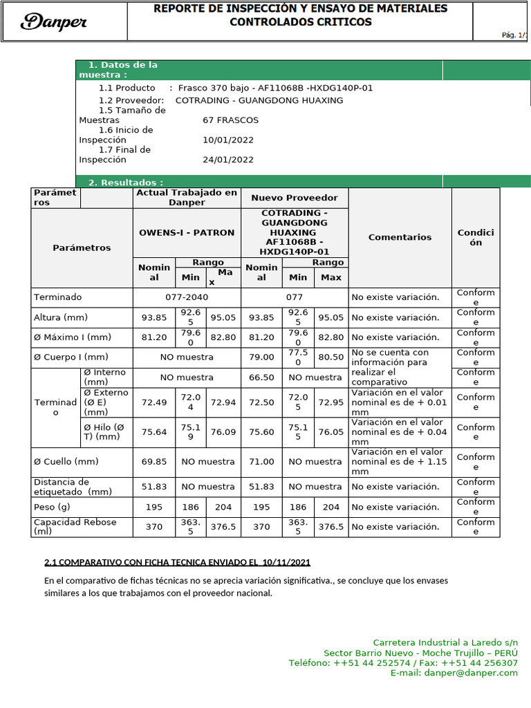 Reporte de Inspección de Frasco 370 Bajo Cotrading - Nuevo Plano | PDF | Tecnología de ...