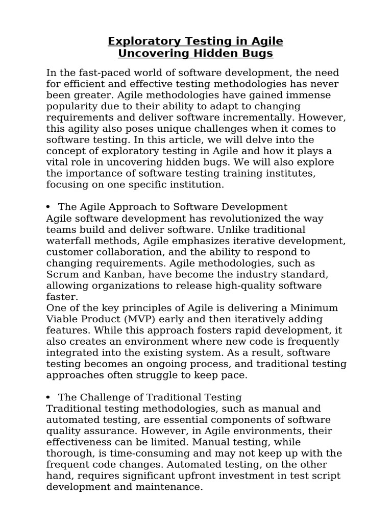 Exploratory Testing In Agile Uncovering Hidden Bugs Pdf Agile