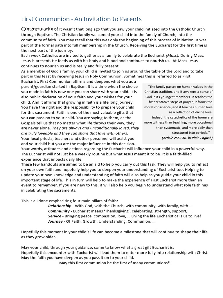 First Communion Parents Booklet | PDF | Eucharist | Catholic Church