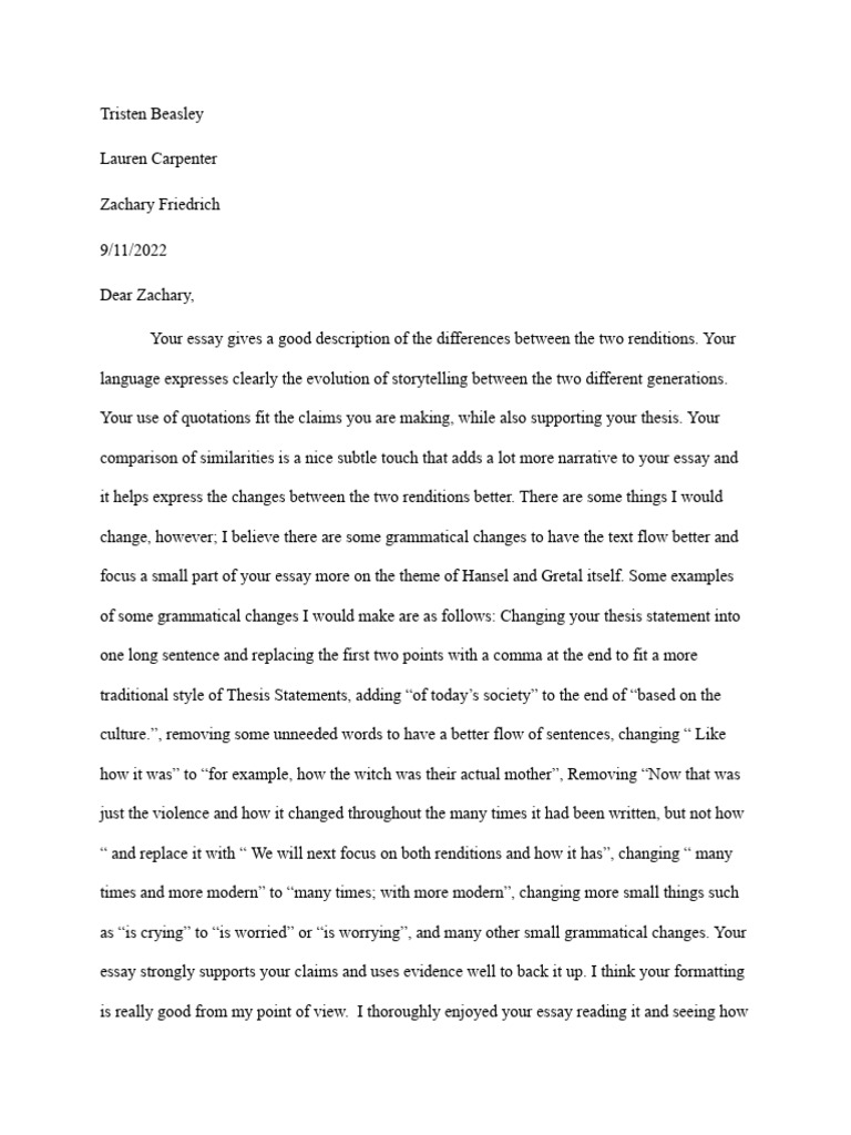 Zach Critique Letter - Tristen Beasley | PDF
