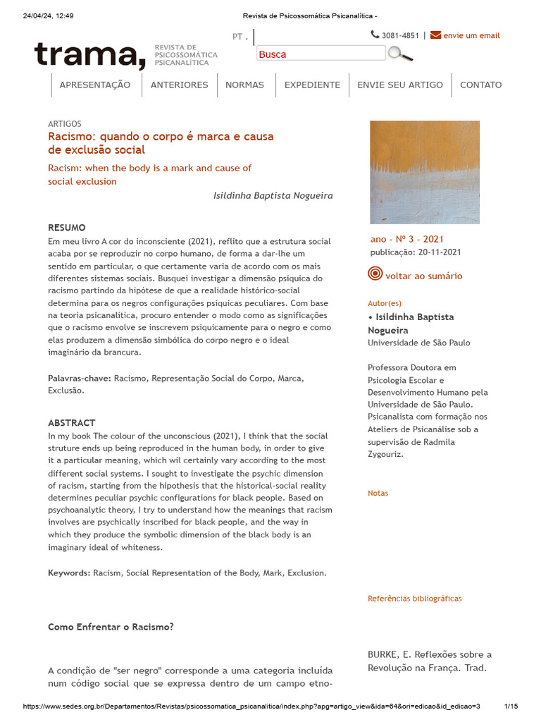 Racismo Quando o Corpo É Marca e Causa | PDF | Sigmund Freud | Psicanálise