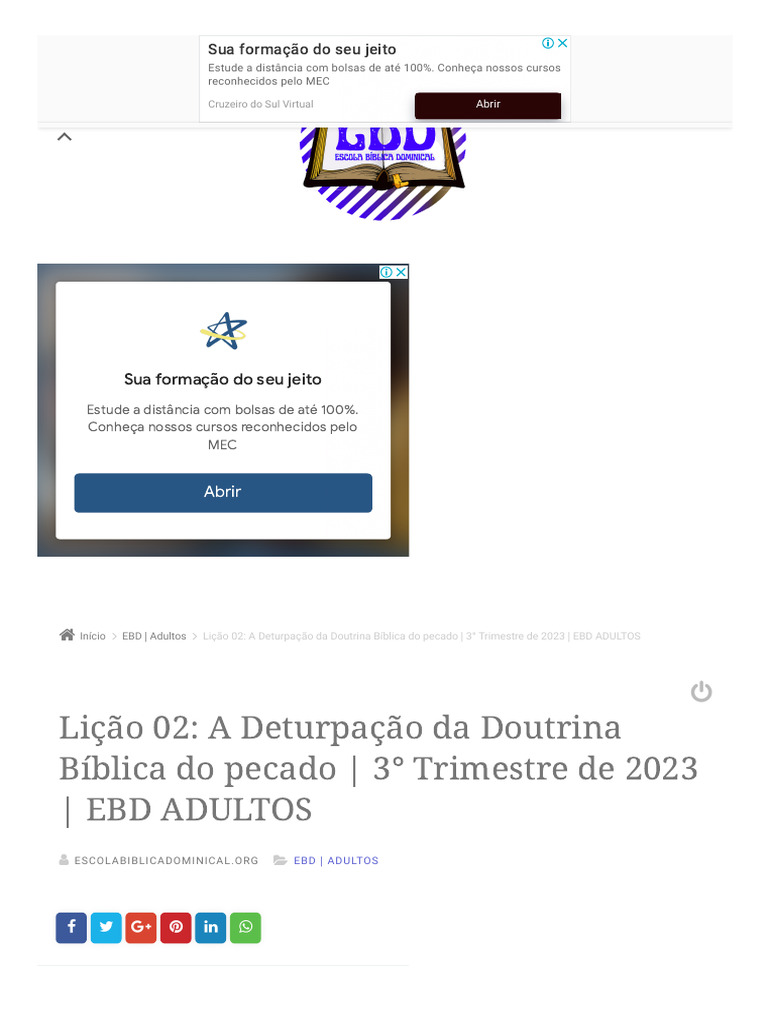 Lição 02 A Deturpação Da Doutrina Bíblica Do Pecado | PDF | Pecado | Bíblia Lição 02 A Deturpação Da Doutrina Bíblica Do Pecado | PDF | Pecado | Bíblia