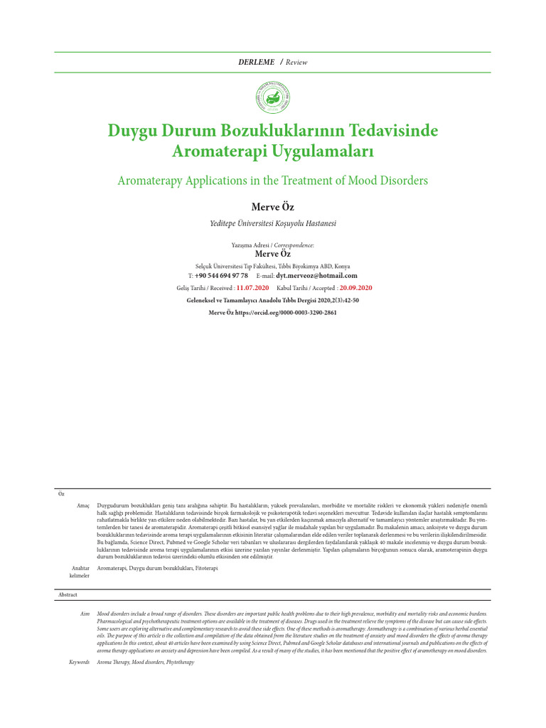Duygu Durum Bozukluklarinin Tedav S Nde Aromaterap Uygulamalari (#712491) - 1031406 | PDF