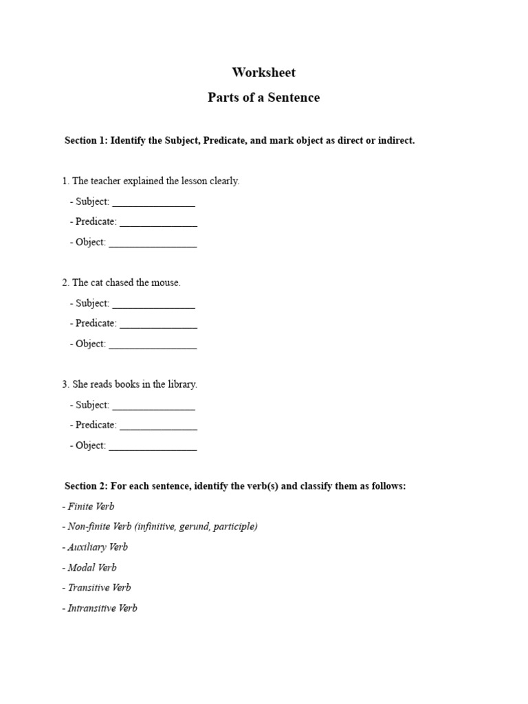 Parts of a Sentence Worksheet | PDF | Verb | Clause