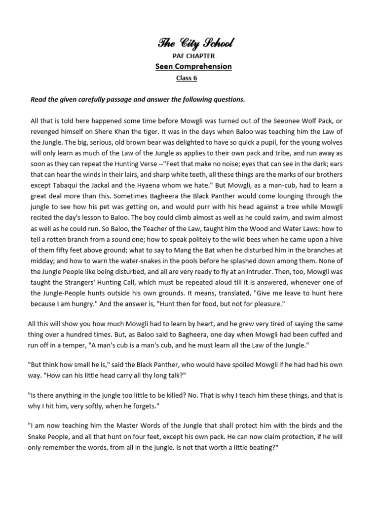 Jungle Book Comprehension and Question Bank | PDF | Bagheera | Baloo