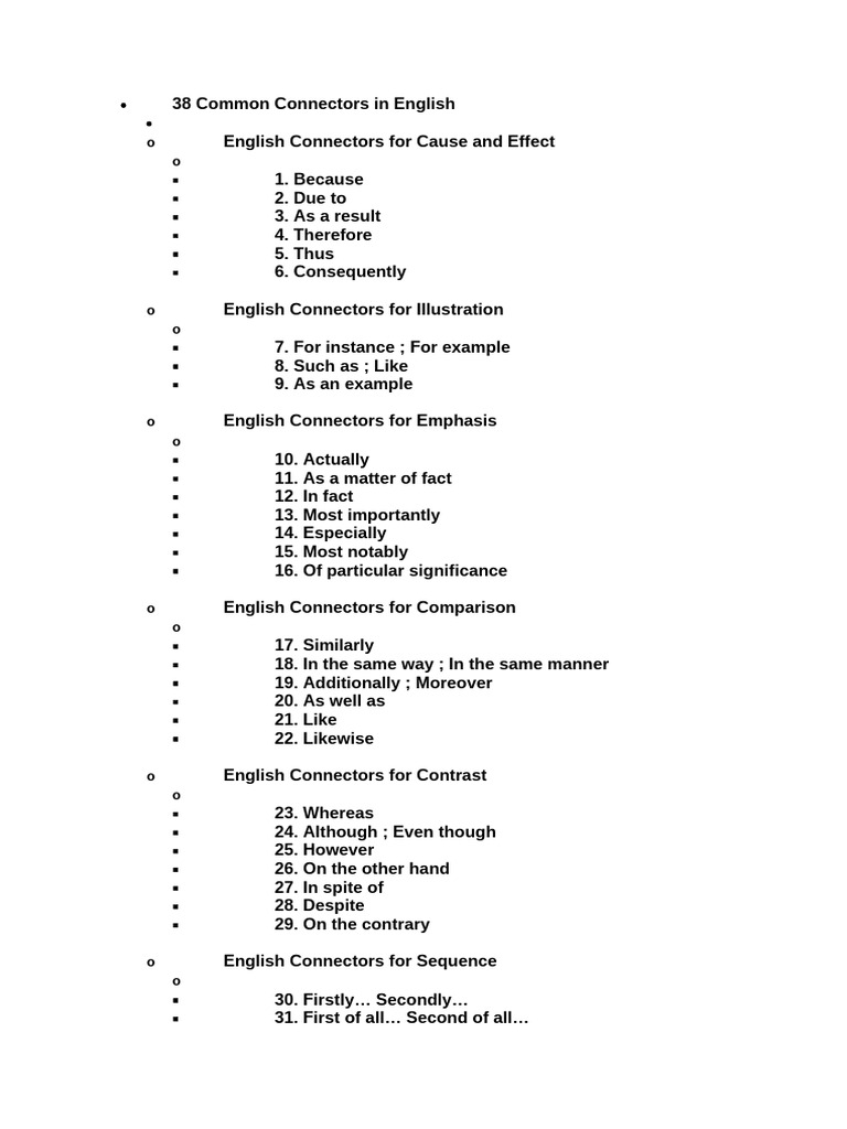 38 Common Connectors in English | PDF | Language Arts & Discipline