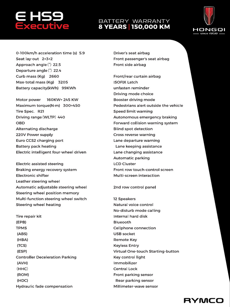 HONGQI Spec Sheets EHS9 Exec-Merged | PDF