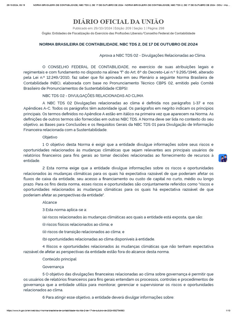 Diário Oficial Da União: Norma Brasileira de Contabilidade, NBC Tds 2, de 17 de Outubro de 2024 ...