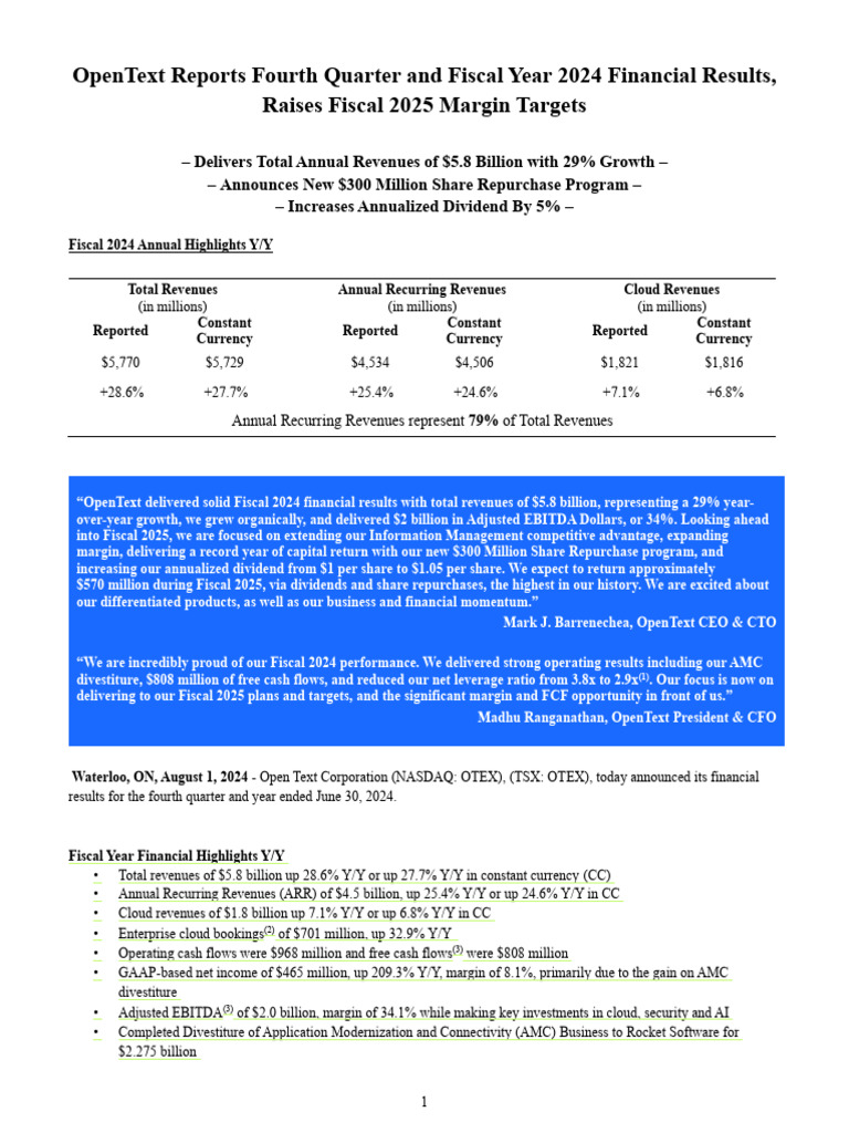 OpenText Reports Fourth Quarter and Fiscal Year 2024 Financial Results ...