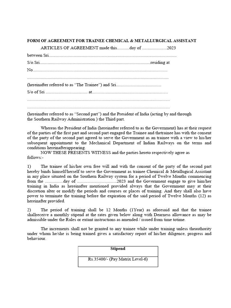 Form of Agreement For Trainee Cma | PDF | Justice | Crime & Violence