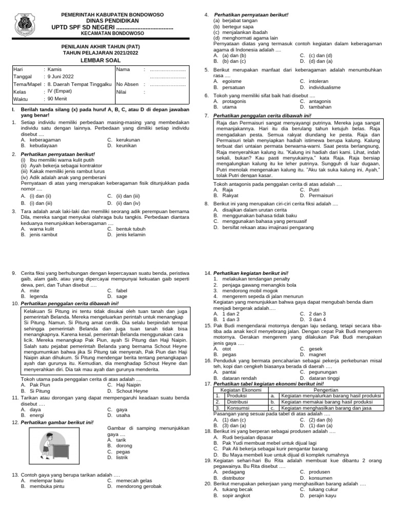 Naskah Soal Pat 2021-2022 Kelas 4 Tema 8 | PDF