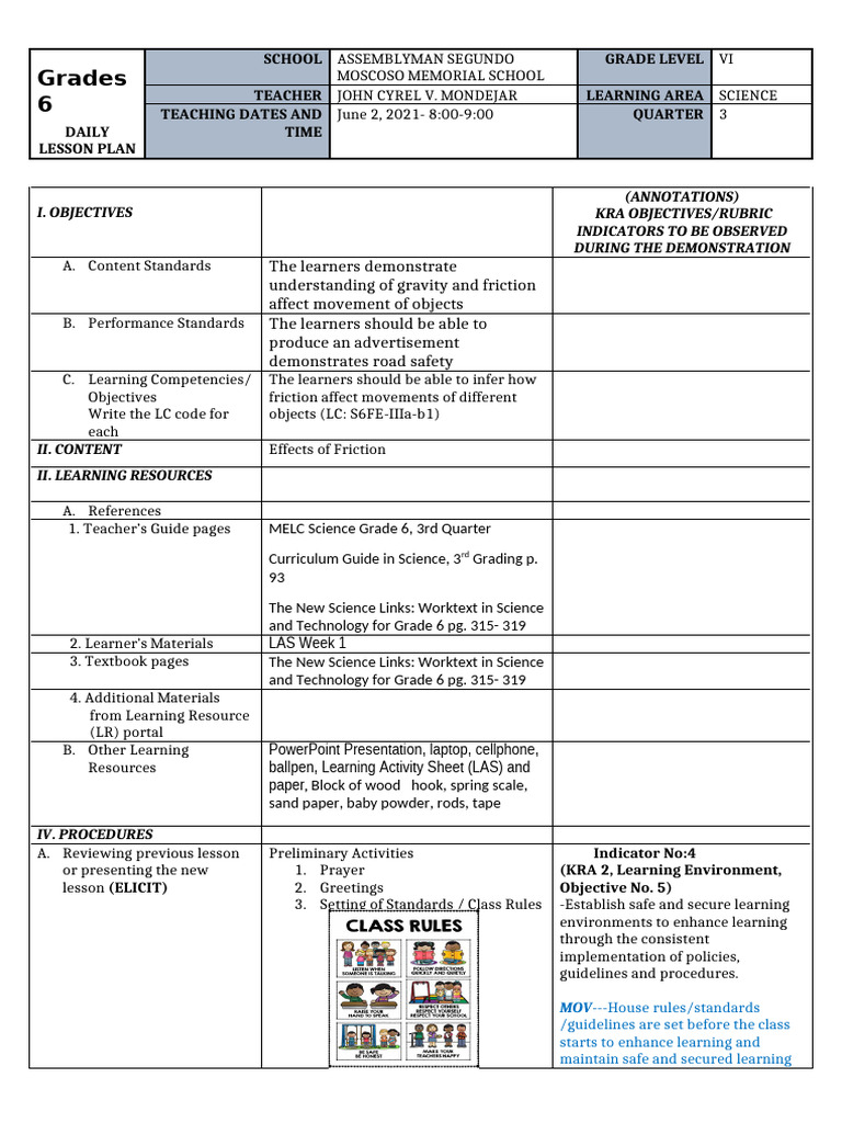COT DLP Science 6 Friction | PDF | Learning | Friction