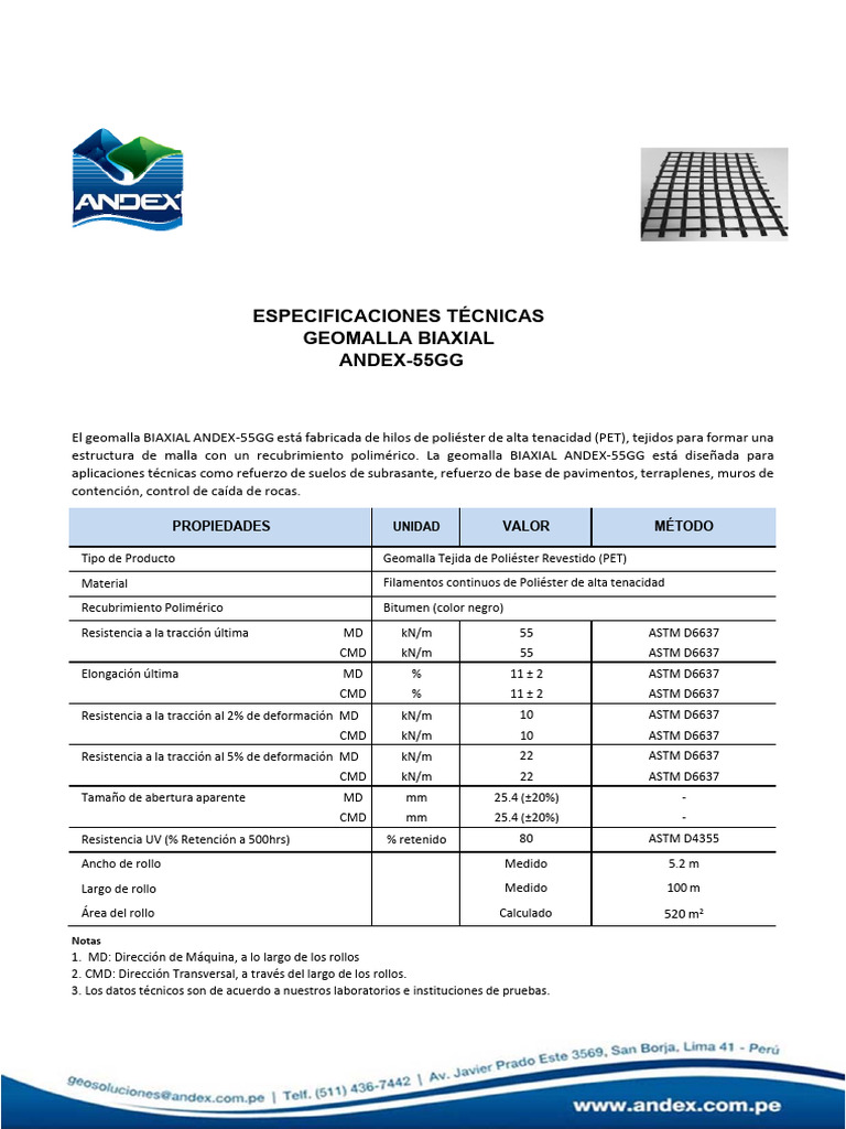 Ht-Geomalla Biaxial 55GG | PDF | Resistencia a la tracción | Materiales