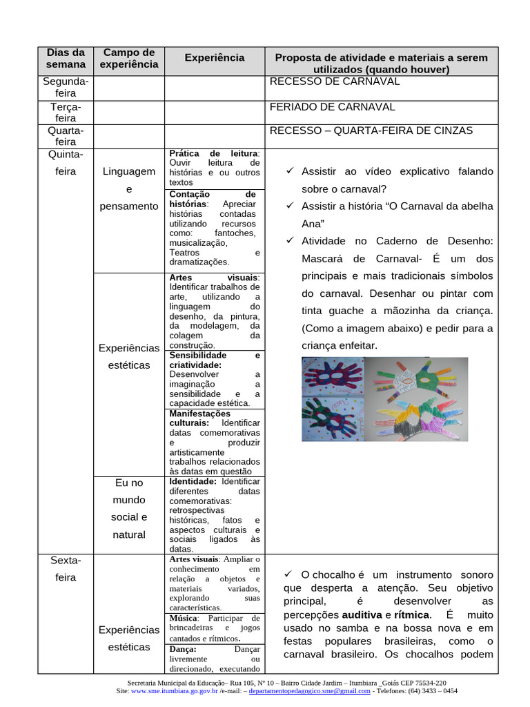Plano de Aula Semanal Maternal | PDF | Pinturas | Carnaval
