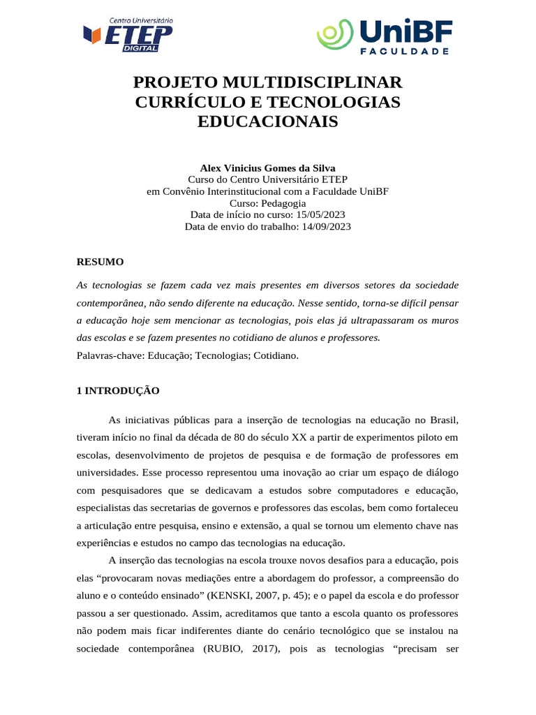 Modelo de Projeto Multidisciplinar CURRÍCULO E TECNOLOGIAS EDUCACIONAIS | PDF | Tecnologia da ...