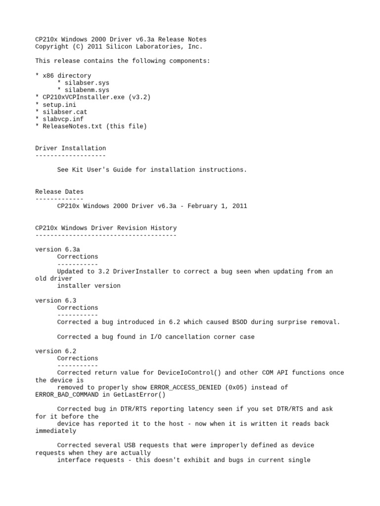 CP210x VCP Win2K Release Notes | PDF | Device Driver | Windows 2000