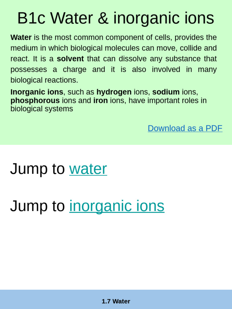 B1c Water and Inorganic Ions SLIDES | PDF | Ion | Water
