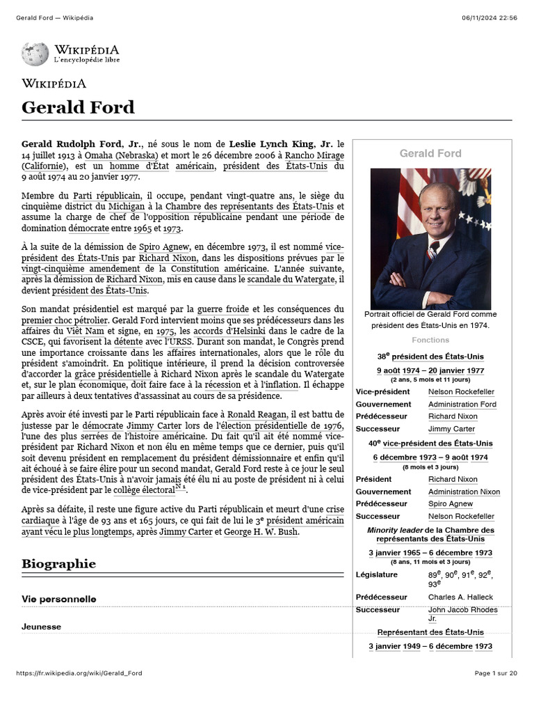 Présidence de Gerald Ford (1974-1977) | PDF | Gerald Ford | Vice ...