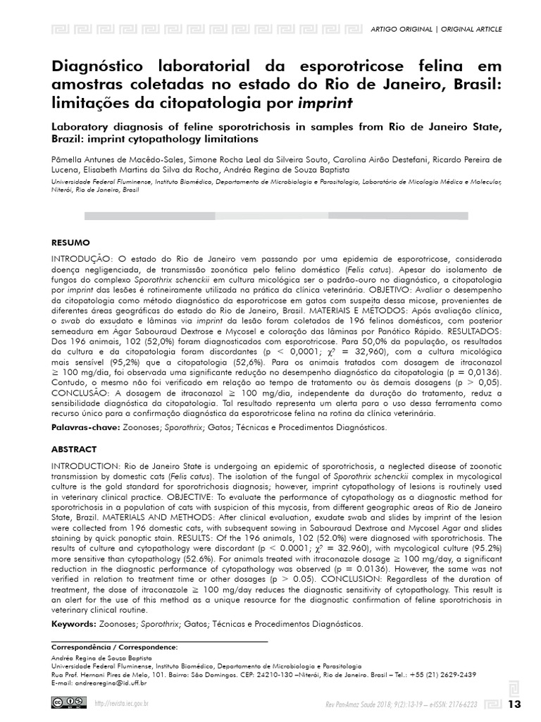 Diagnóstico Laboratorial Da Esporotricose Felina | PDF