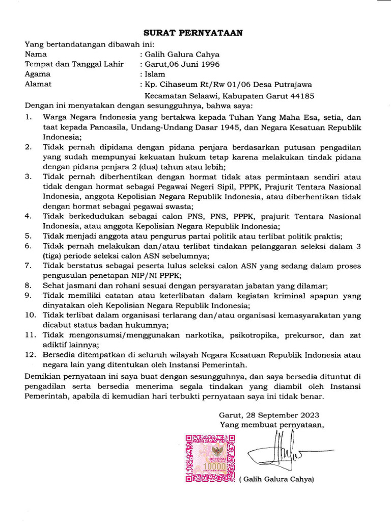 Surat Pernyataan Galih | PDF
